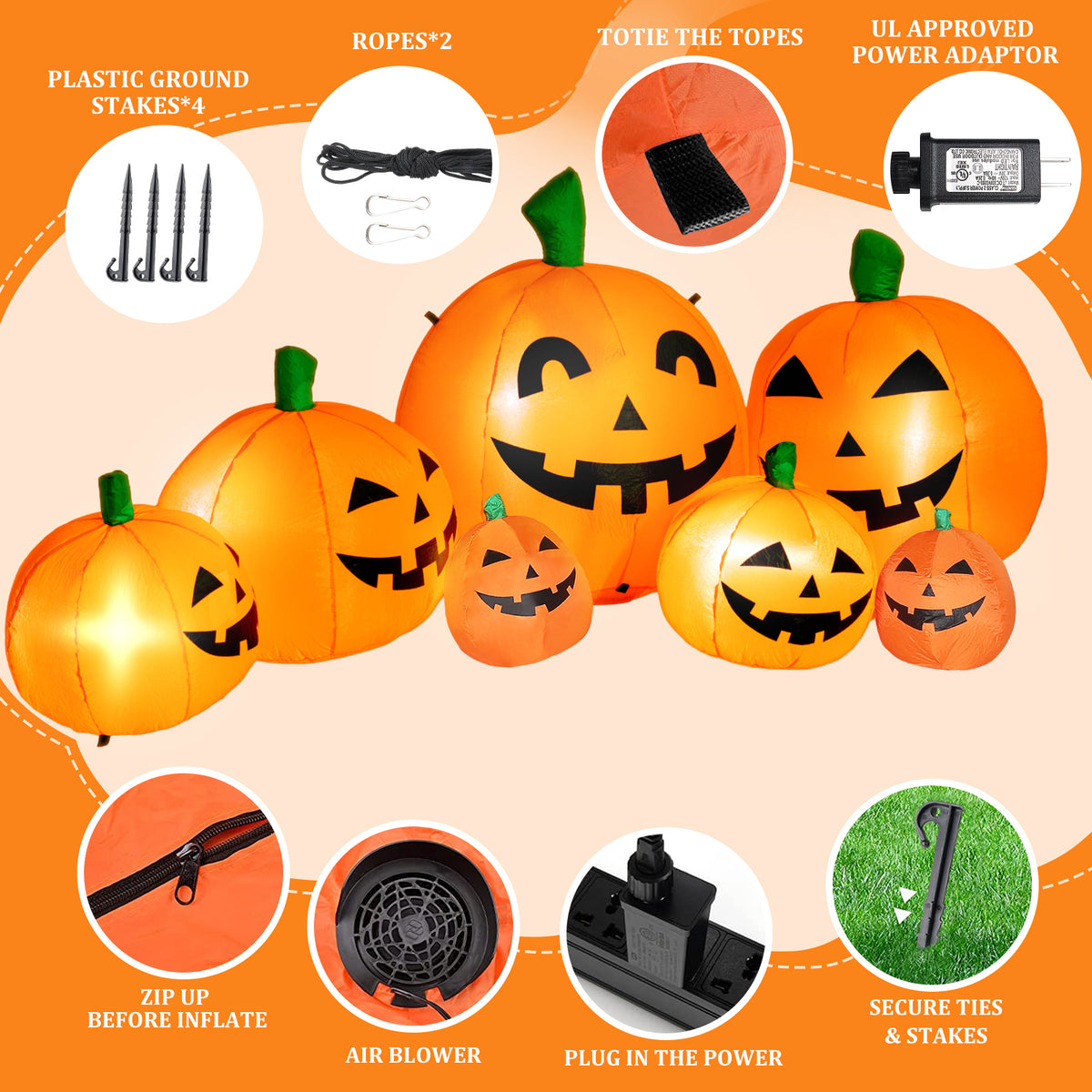 8 FT Long Halloween Inflatables Pumpkin Decorations with Build-in LED ...
