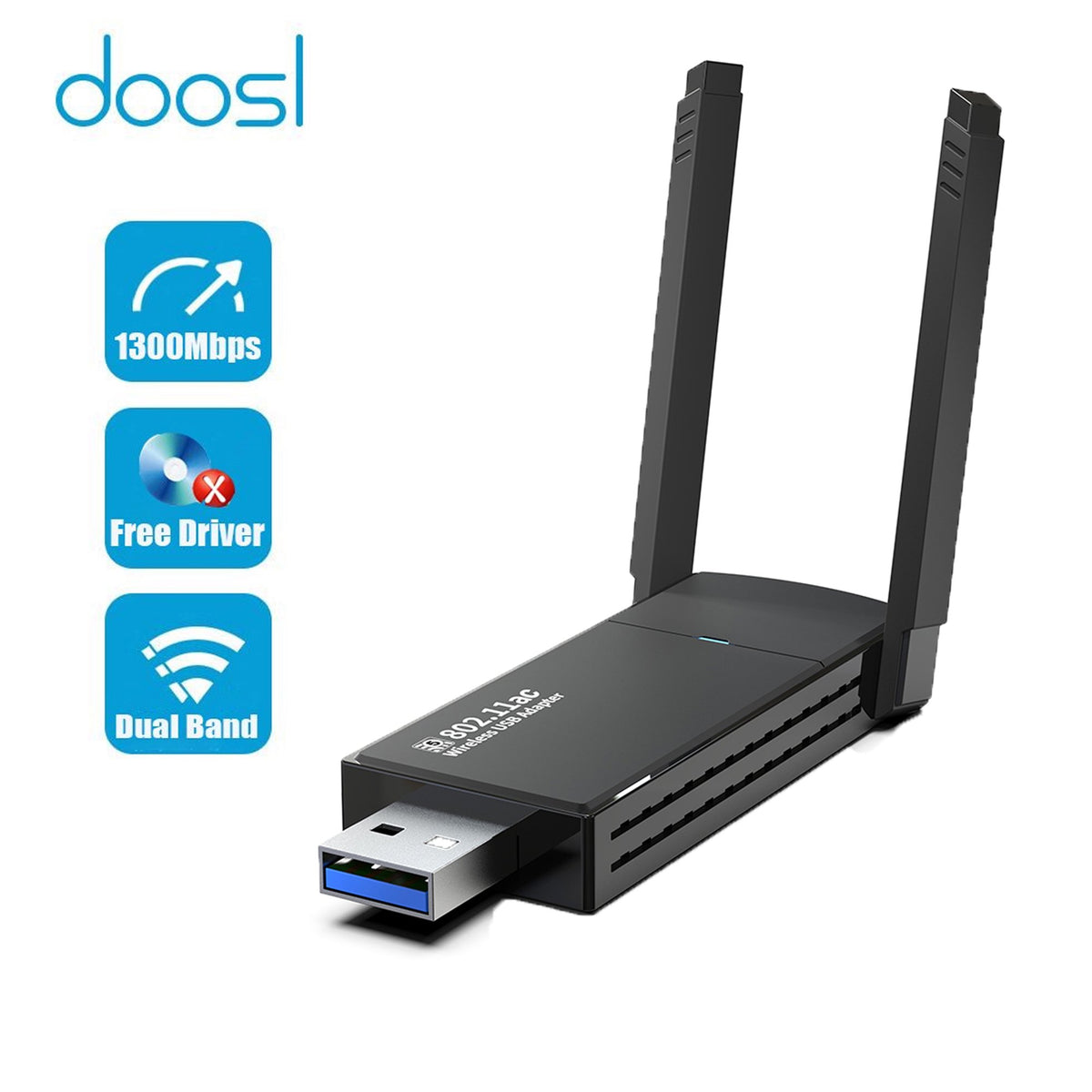 Driver-Free USB WiFi Adapter, Doosl AC1300Mbps Dual Band 5dBi High Gai ...